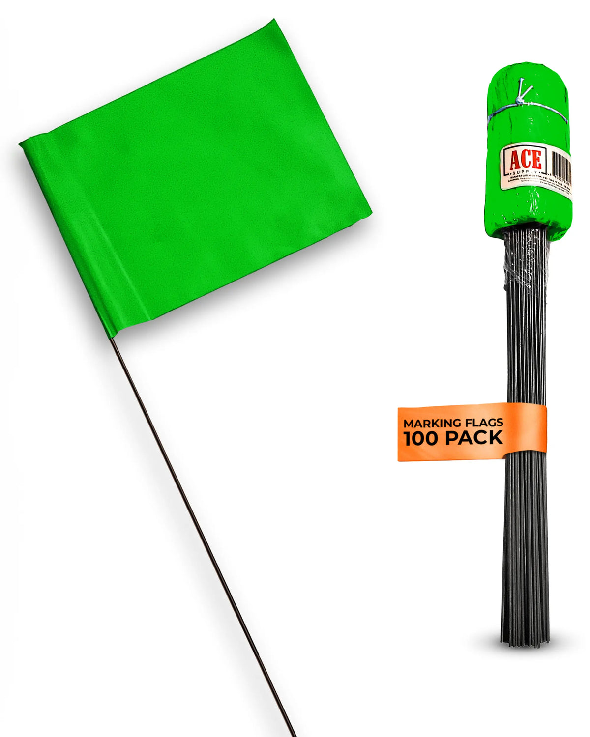 Green Marking Flags 100 Pack - 4 x 5-Inch Flag on 15-Inch Steel Wire ...